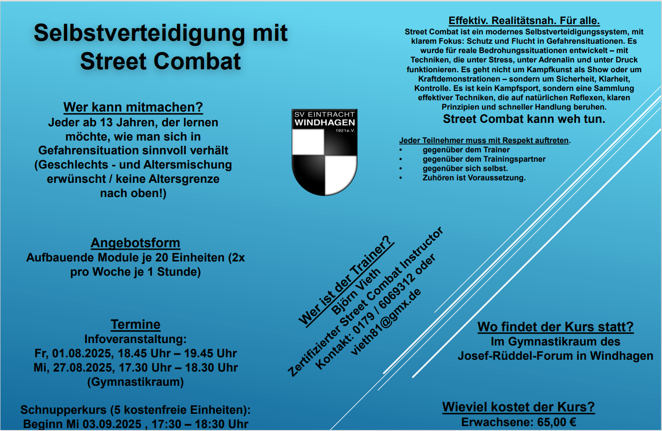 Selbstverteidigung mit Street Combat als neuer Kurs beim SV Windhagen ...